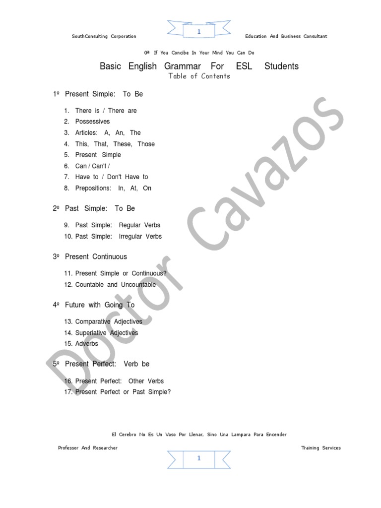 1º Indice Basic English Grammar For ESL Students | PDF