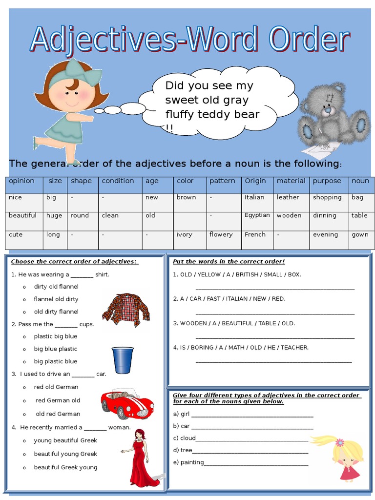 Adjective Order Guide and Exercises | PDF | Adjective | Morphology