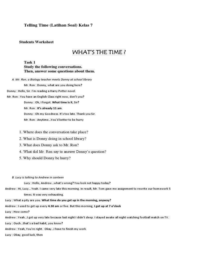 What S The Time Telling Time Latihan Soal Kelas 7 Pdf Homework