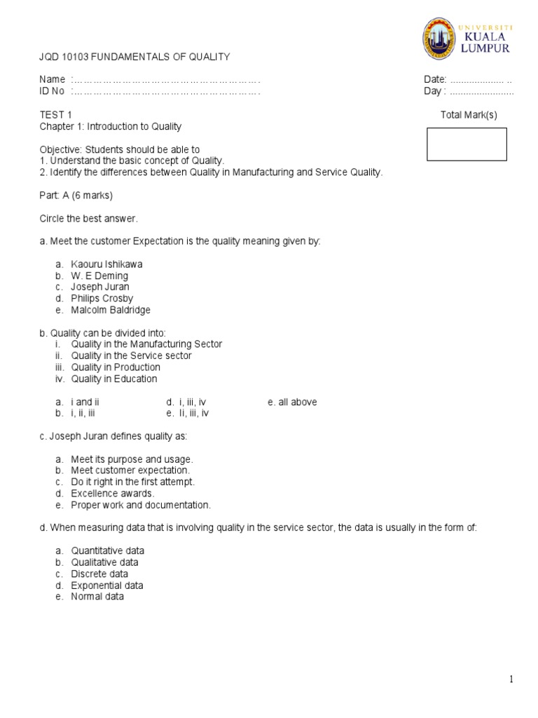JQD 10103 Fundamentals of Quality Test 1 | PDF | Data | Business