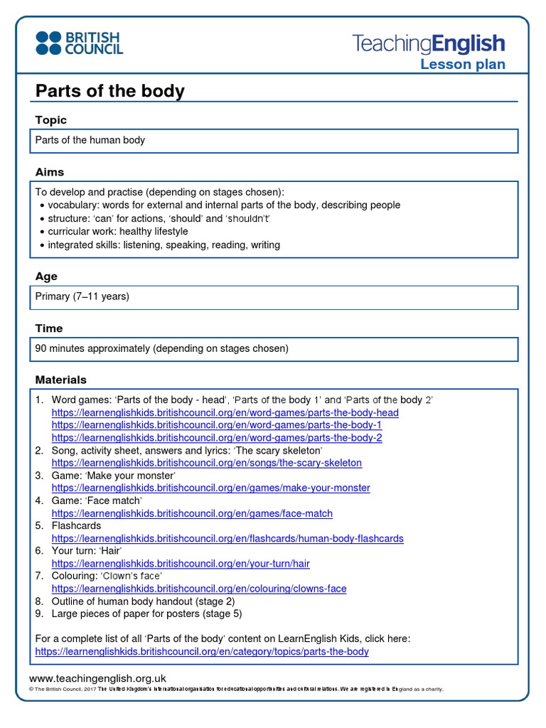 Teaching Kids Lesson Plan Parts of The Body | PDF | Lesson Plan ...