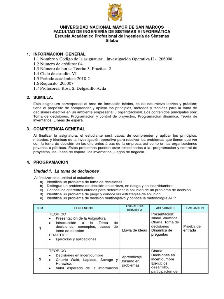 Silabo de IO2-2018-2 PDF | PDF | Inventario | Toma de decisiones