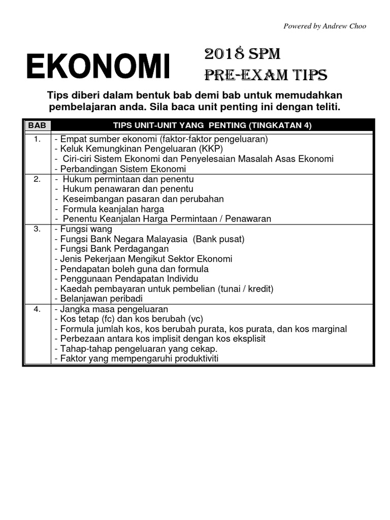 Pre-Exam Tips Ekonomi | PDF