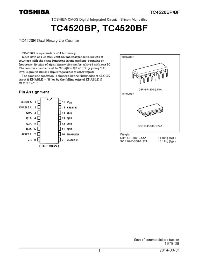 TC4520BP, TC4520BF: TC4520B Dual Binary Up Counter | PDF | Reliability ...