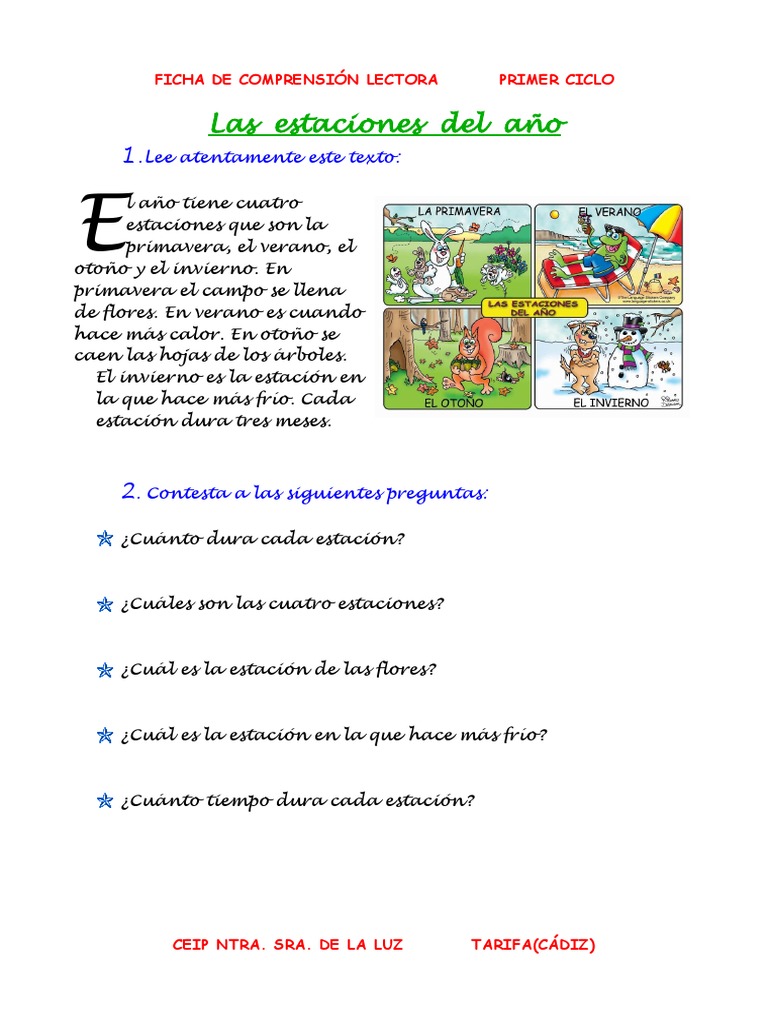 02estaciones Del Año Comprensión Lectora | PDF | Artes del Lenguaje y ...