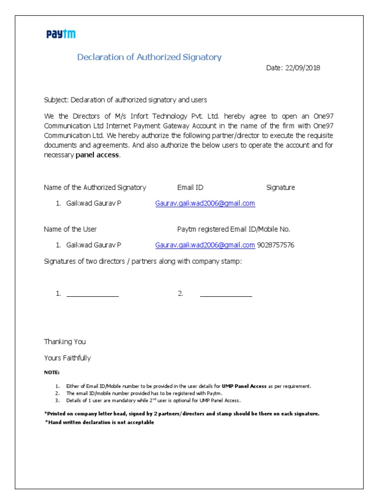 Declaration of Authorized Signatory and Users | PDF