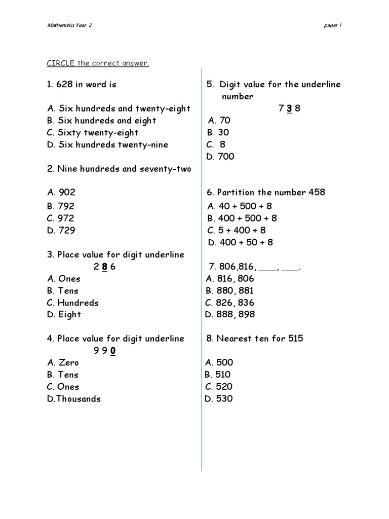 Year 2 Mathematics Exam Paper 1 | PDF | Mathematical Notation ...