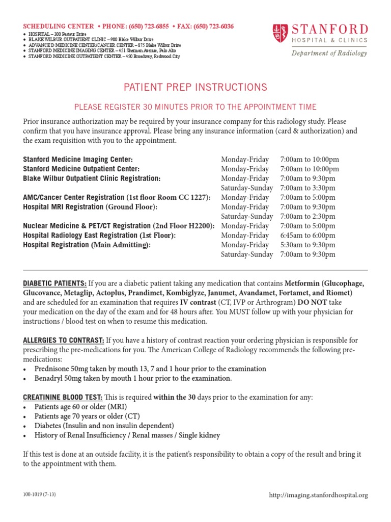 A100 1019 Patient Prep Instructions | PDF | Radiology | Magnetic ...
