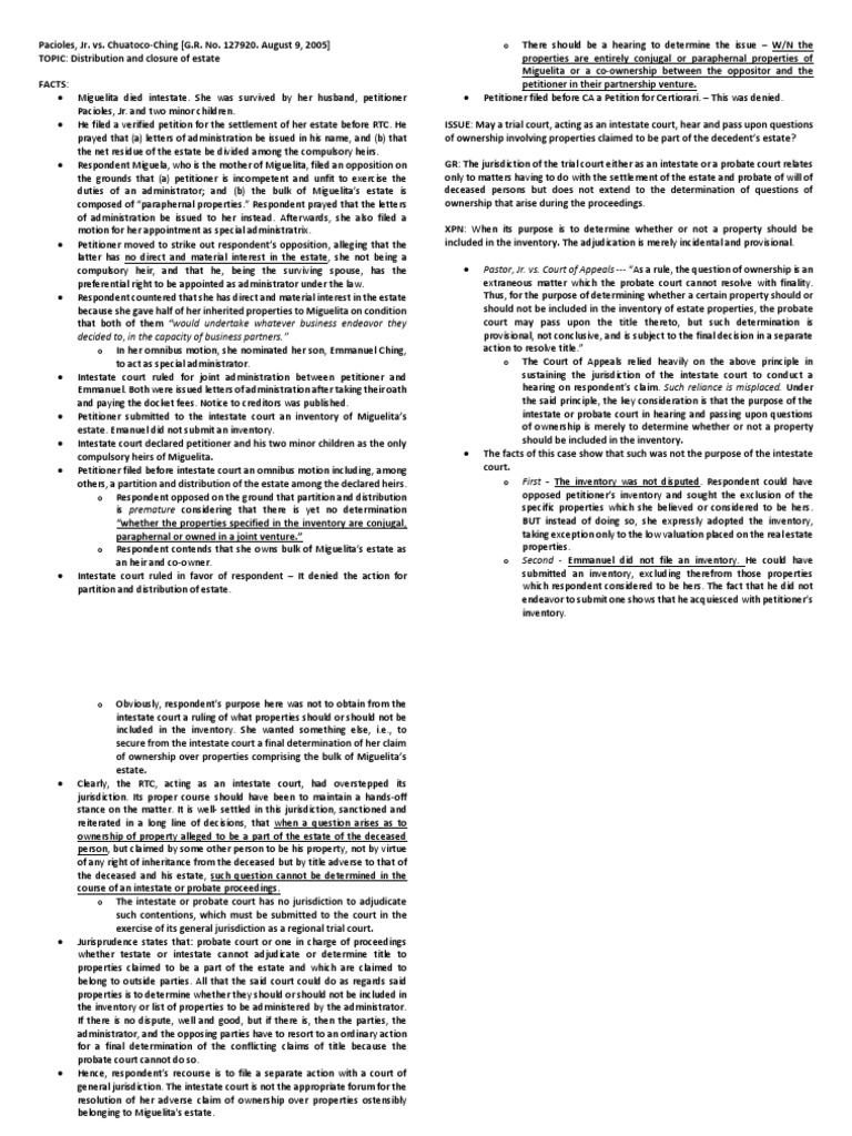 Pacioles vs. Chuatoco-Ching Digest | PDF | Intestacy | Probate