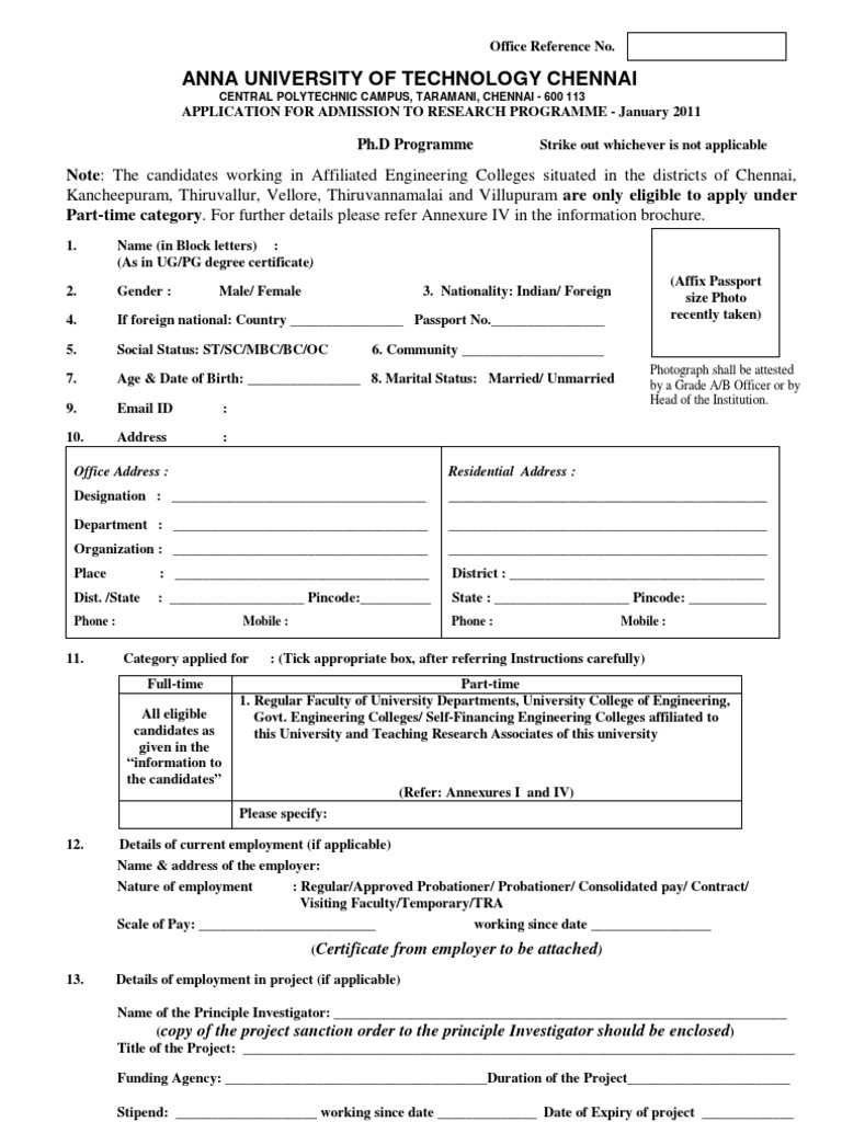 Application For Admission To The Ph D Program At Anna University Of