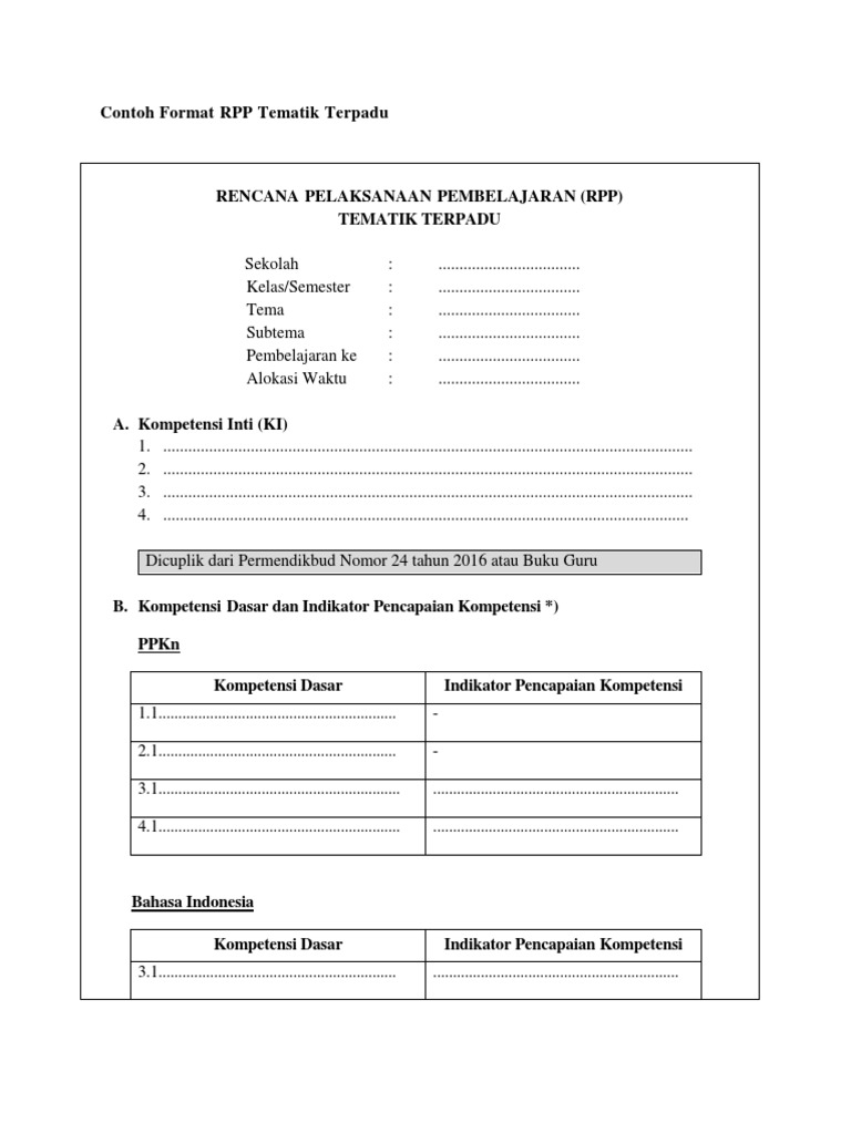Contoh Format RPP Tematik Terpadu | PDF