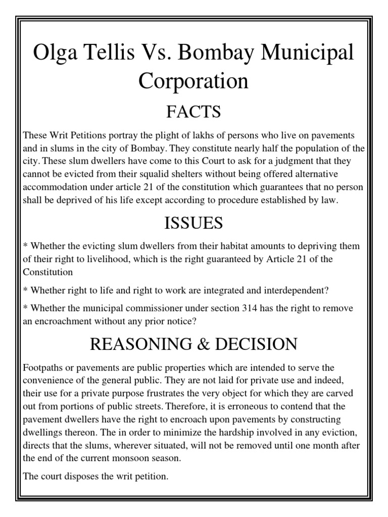 Olga Tellis vs. Bombay Municipal Corporation: Facts | PDF | Slum ...