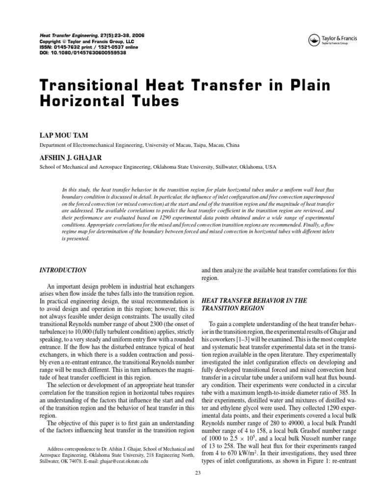 Transitional Heat Transfer in Plain Horizontal Tubes: Lap Mou Tam | PDF ...