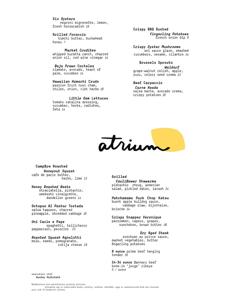Atrium Dinner Menu