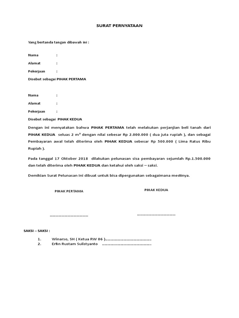 Surat Pernyataan Pelunasan Hutang | PDF