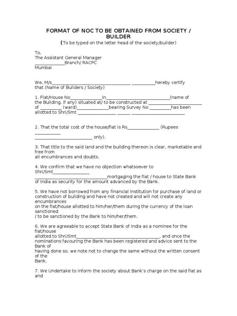 SBI NOC Certificate Format for Builders | PDF