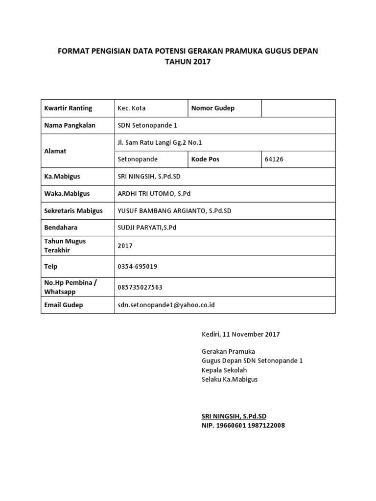 Format Pengisian Data Potensi Gerakan Pramuka Gugus Depan 2017 | PDF