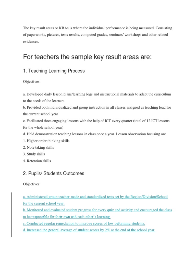 Key Result Areas for Teachers in DepEd | PDF | Career & Growth | Business