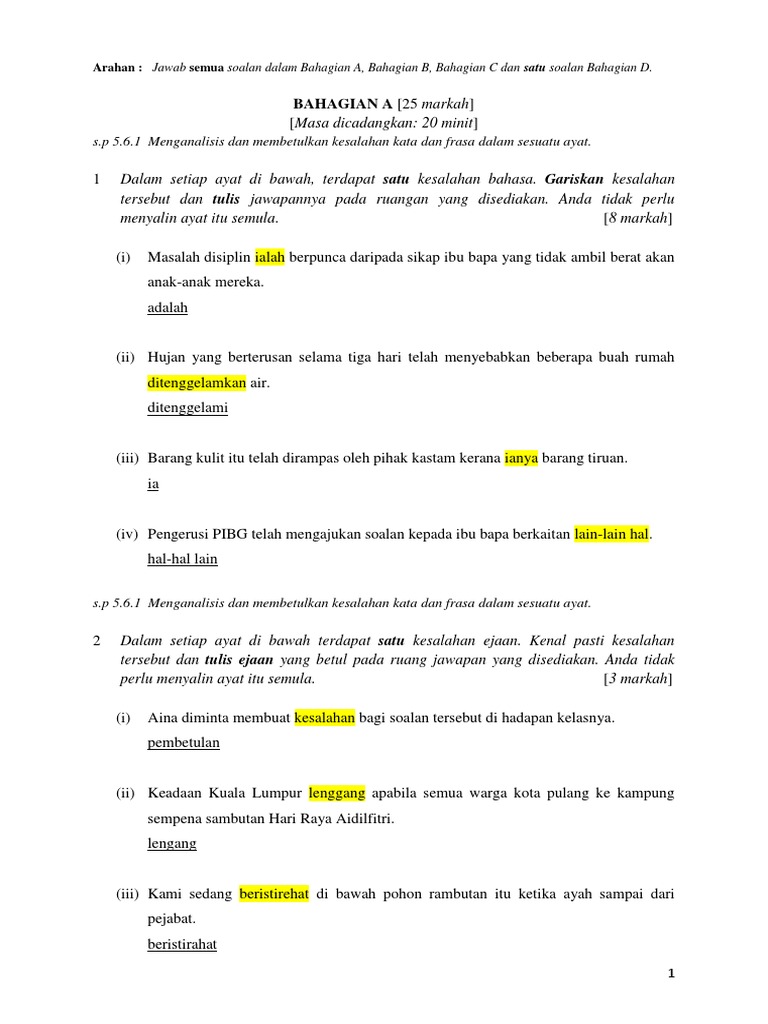 Skema Jawapan Soalan BM Pat Form 2 2018 | PDF