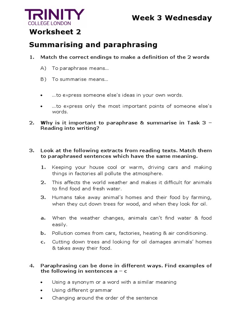 Summarising and Paraphrasing Worksheet | PDF | Water | Cognitive Science