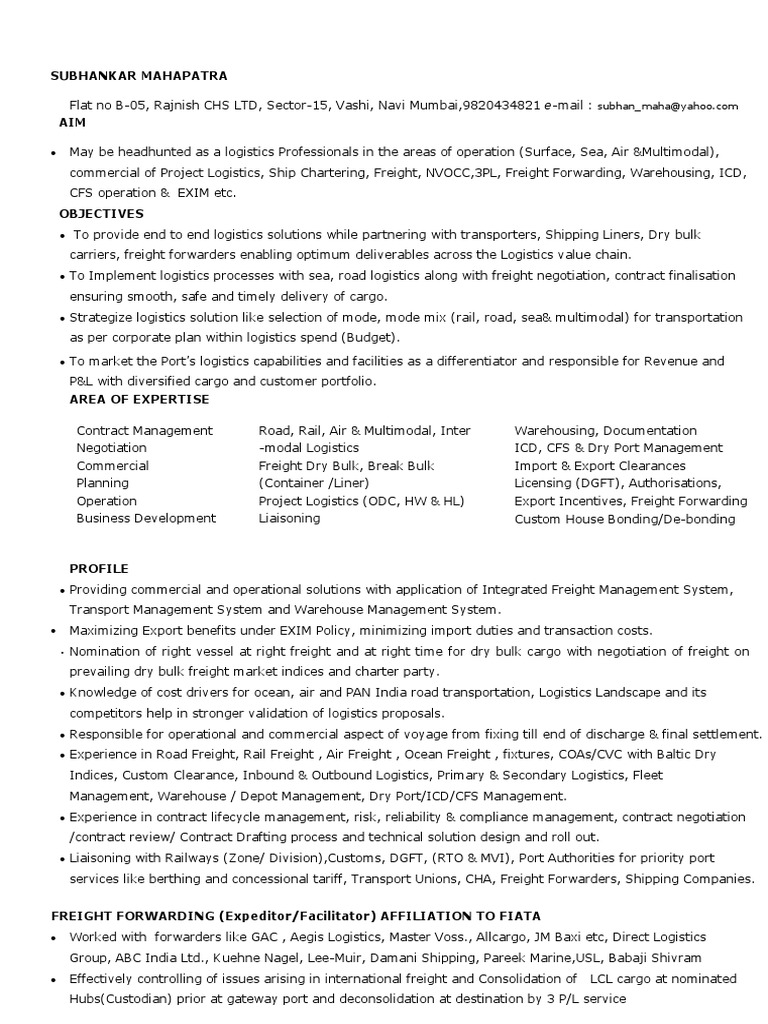 Logistics CV For Mid Senior Level To Senior Level (Road, Rail, Sea, Air ...