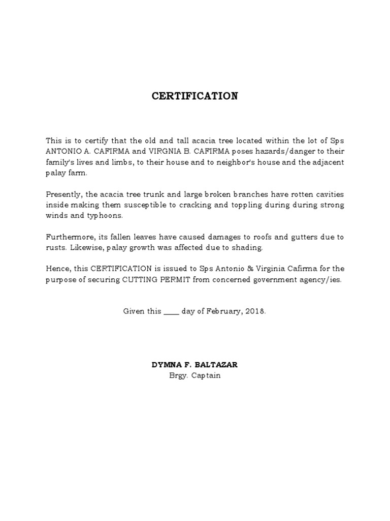 Certification for Tree Cutting Permit | PDF