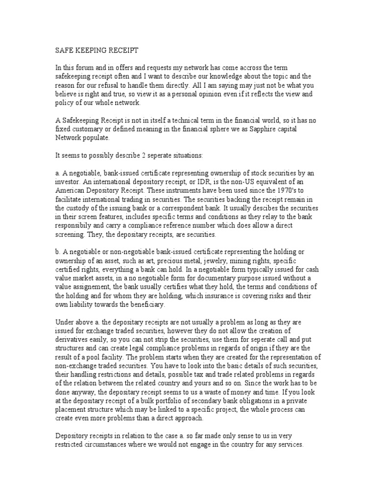 Safe Keeping Receipt | PDF | Securities (Finance) | Banks