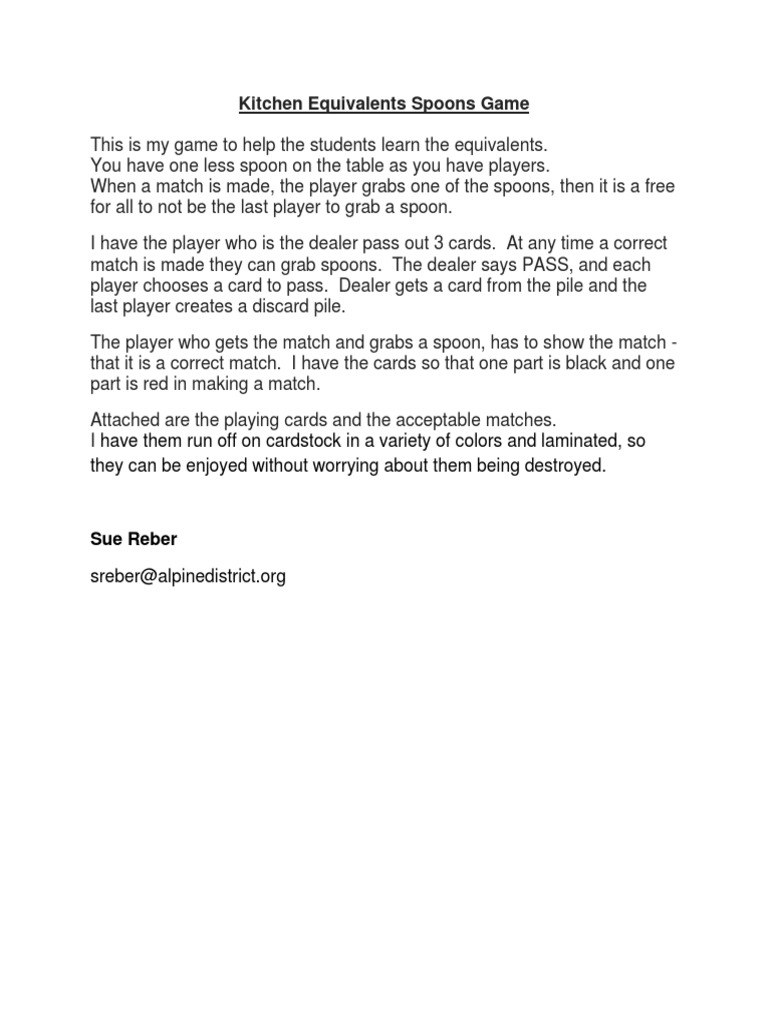 Kitchen Equivalents Spoons Game | PDF