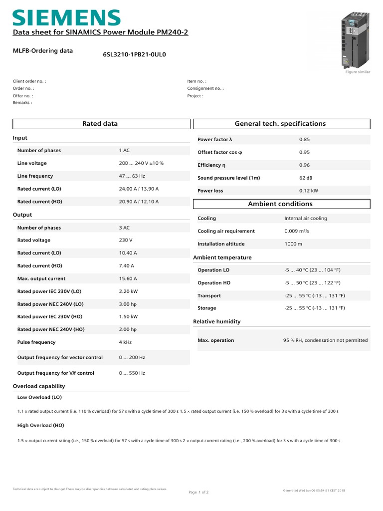 Data Sheet For SINAMICS Power Module PM240-2: Rated Data General Tech ...