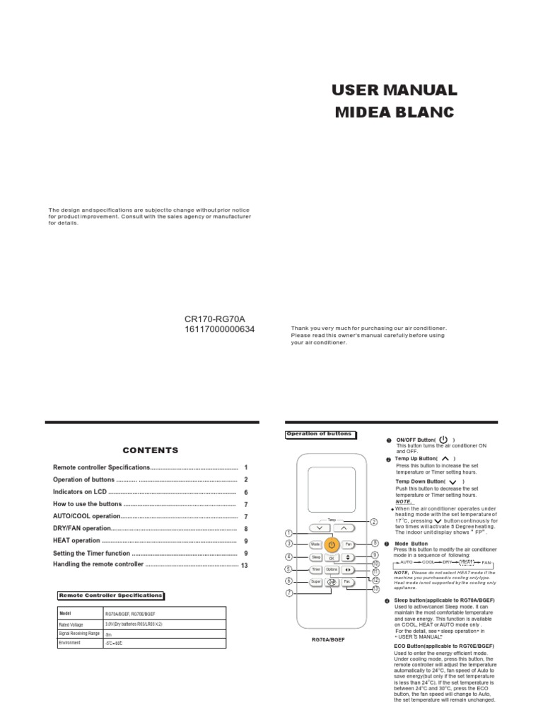 Midea Air Conditioner Remote Manual | PDF | Air Conditioning | Timer