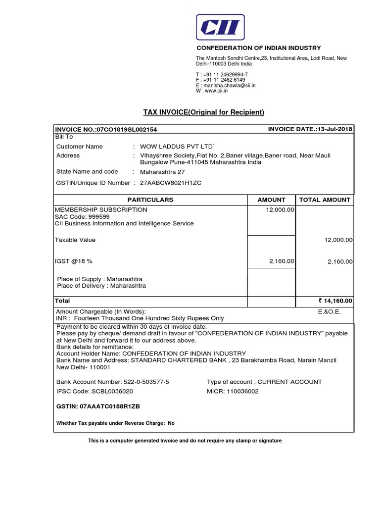 TAX INVOICE (Original For Recipient) : Confederation of Indian Industry ...