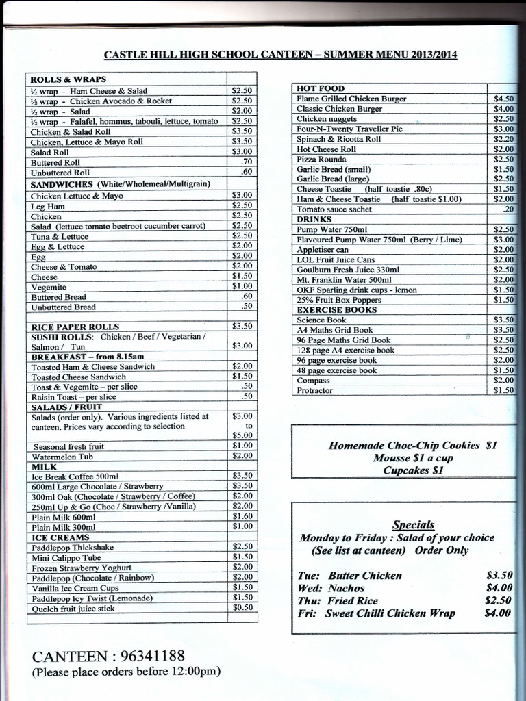 Canteen Menu Castle Hill | PDF | Toast | Salad
