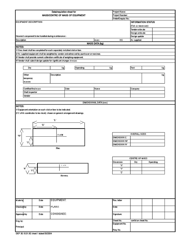 Equipment Mass and Dimensional Data Sheet | PDF