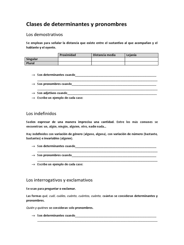Clases de Determinantes y Pronombres | PDF | Adjetivo | Tipología ...