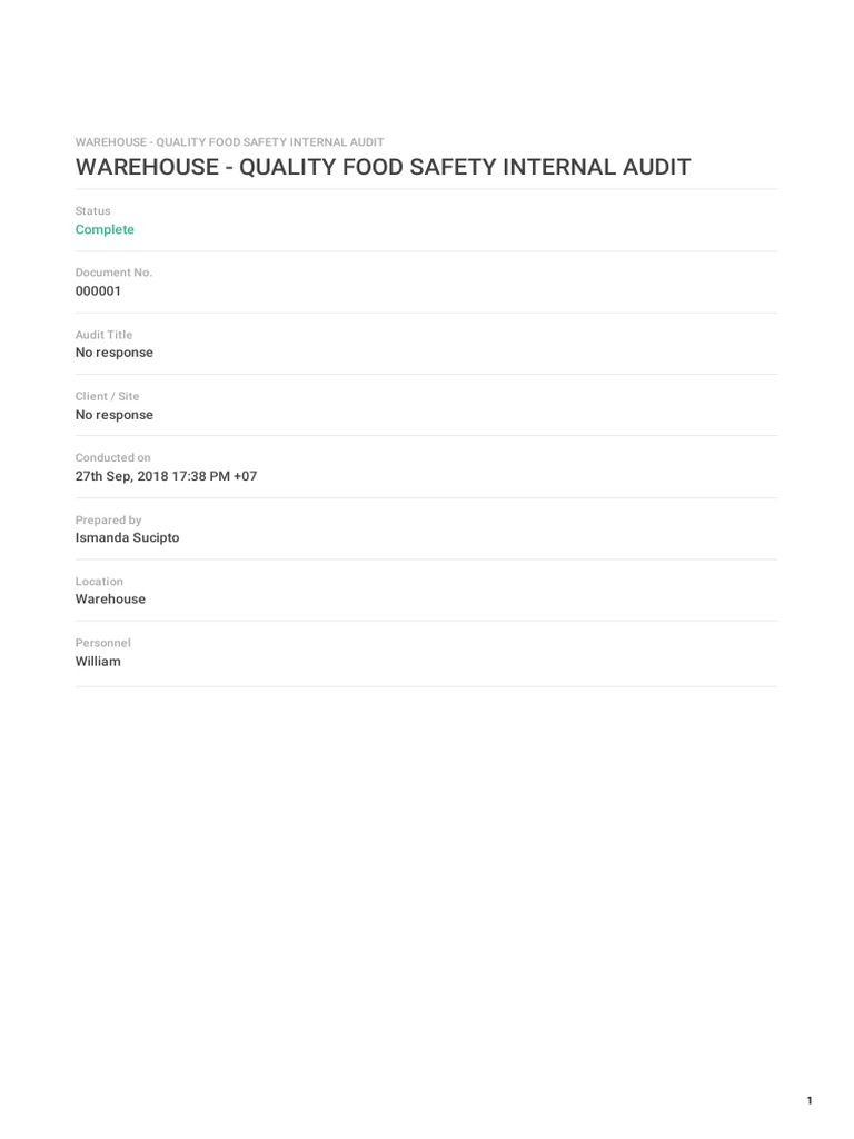 Warehouse - Quality Food Safety Internal Audit | PDF