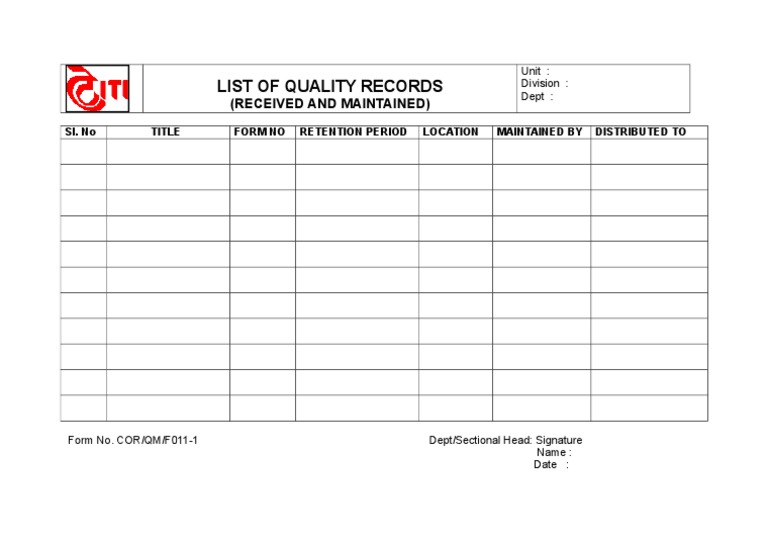 List of Quality Records: (Received and Maintained) | PDF
