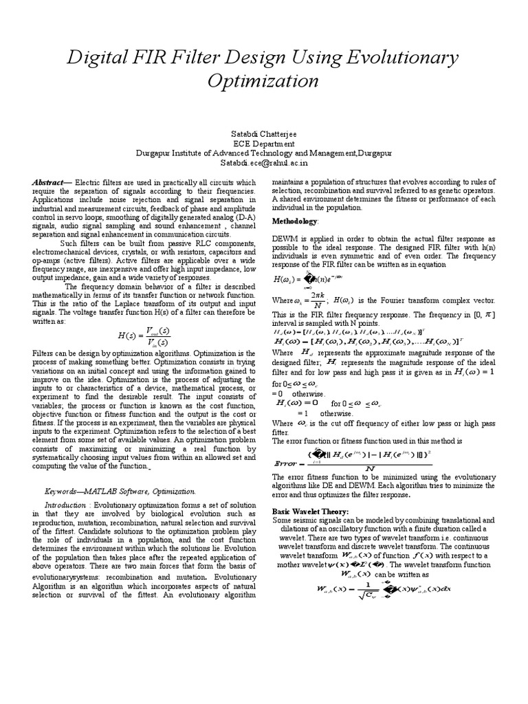 Digital Fir Filter Design Using Evolutionary Optimization Pdf Filter Signal Processing