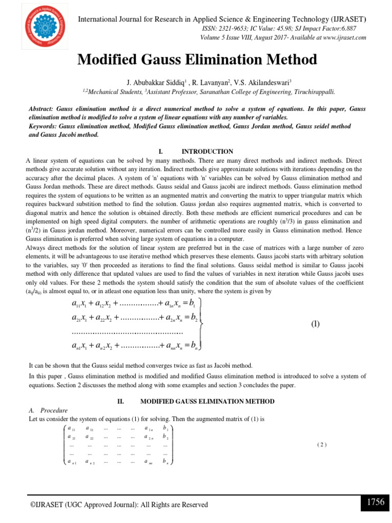 Modified Gauss Elimination Method Numerical Analysis System Of Linear Equations