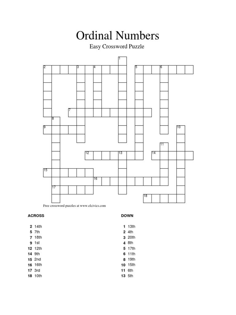 Ordinal Numbers Crossword Puzzle | PDF