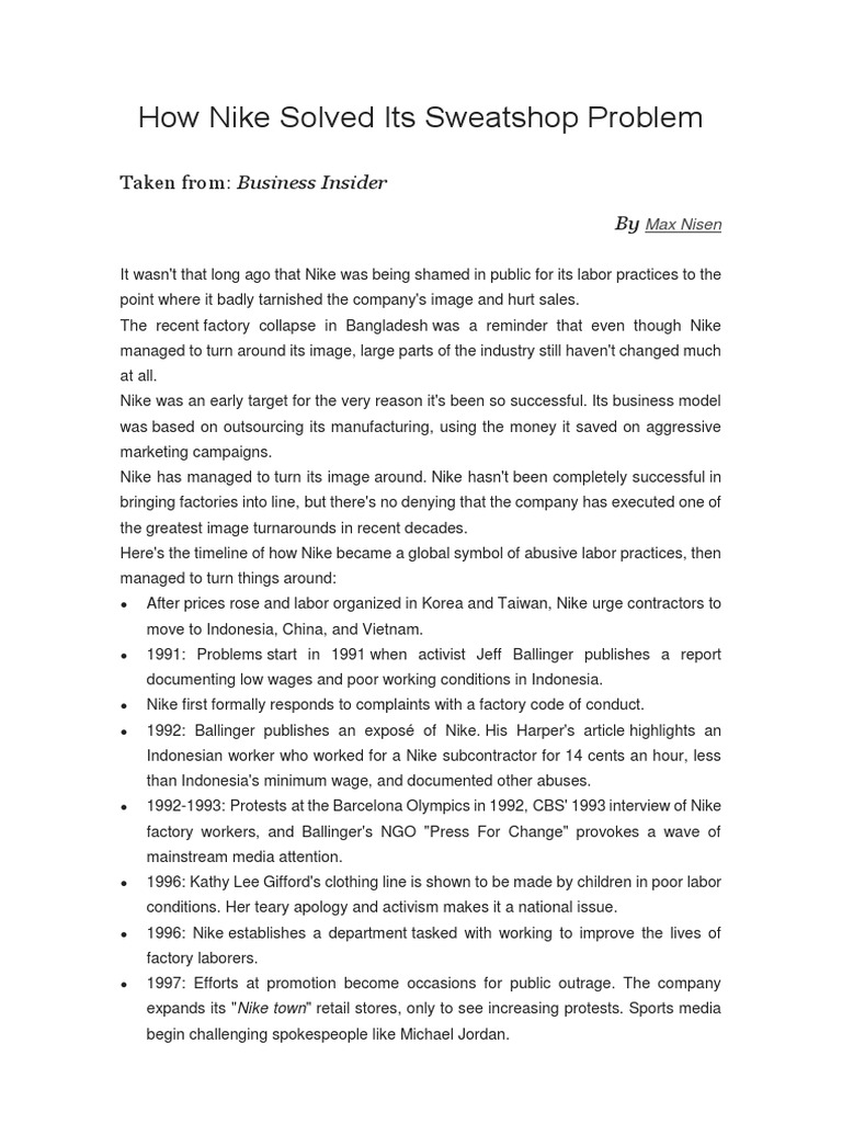 Nike Case Study (How Nike Solved Its Sweatshop Problem) | PDF ...