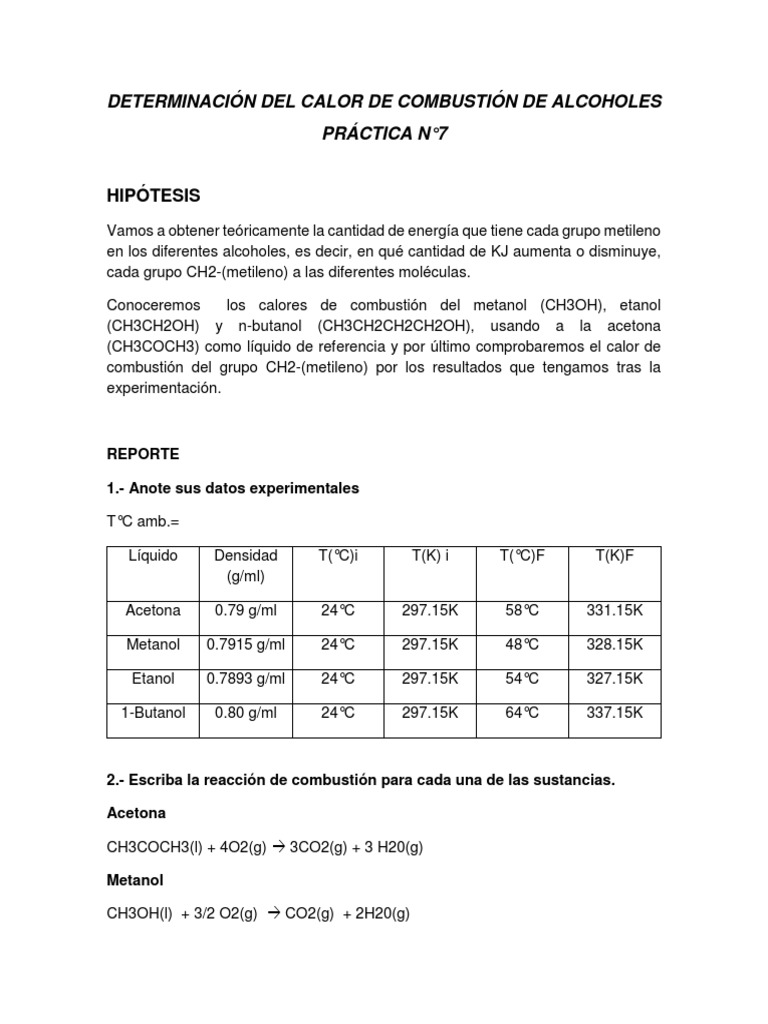 Determinación Del Calor de Combustión de Alcoholes | PDF | Combustión ...