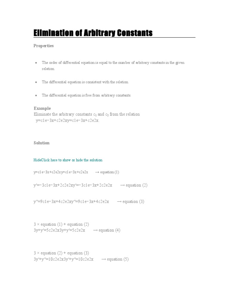 Elimination of Arbitrary Constants | Equations | Algebra
