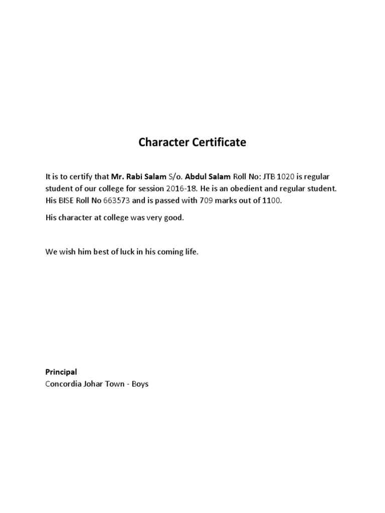 Character Certificate | PDF