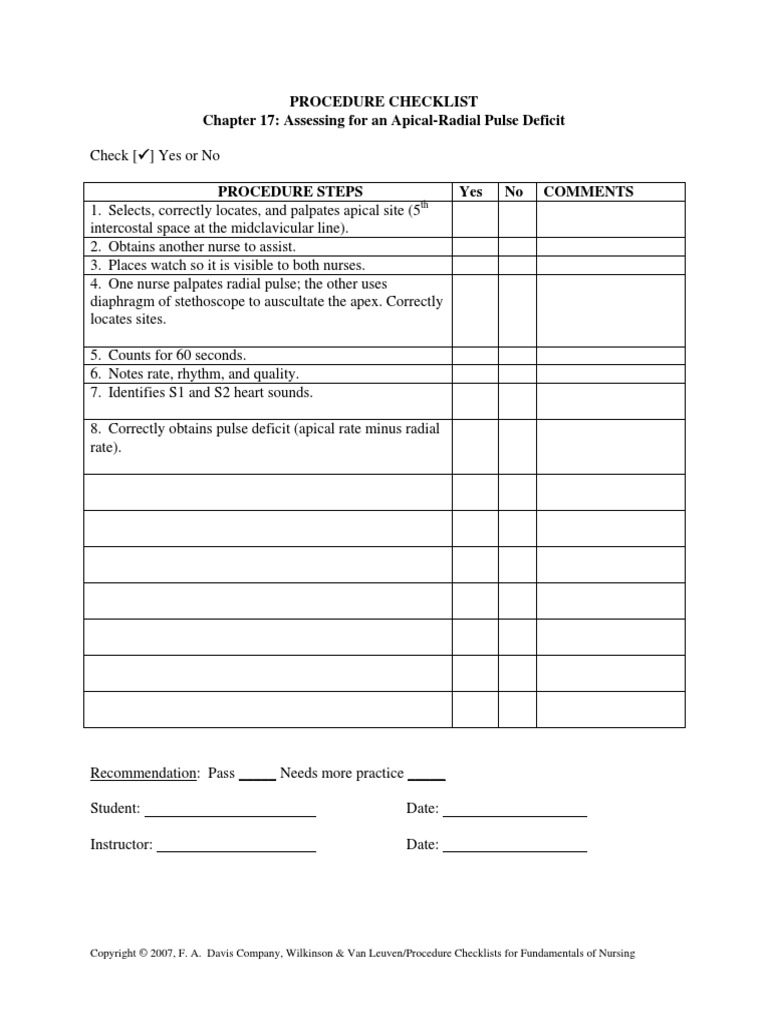 Procedure Checklist Chapter 17: Assessing For An Apical-Radial Pulse ...