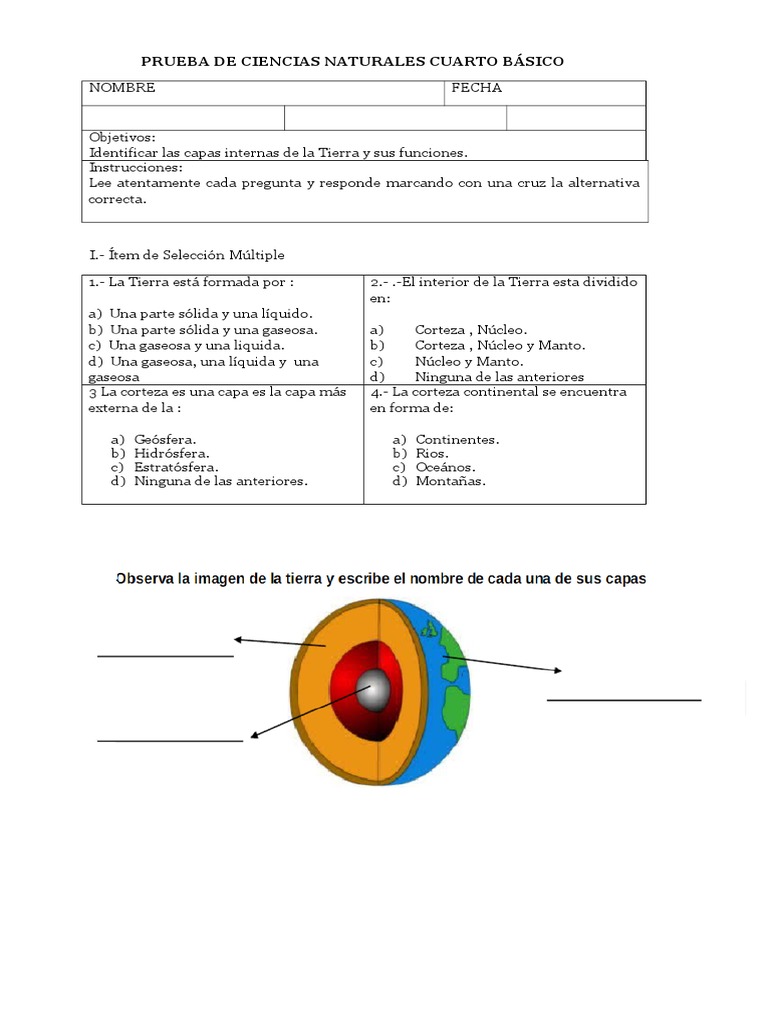 Prueba Capas de La Tierra 4 Basico | PDF | Placas tectónicas | Corteza ...