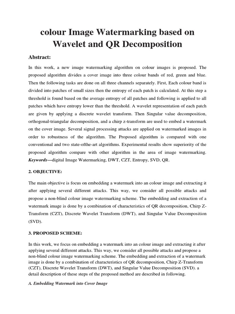 Colour Image Watermarking Based On Wavelet and QR Decomposition | PDF | Wavelet | Signal Processing