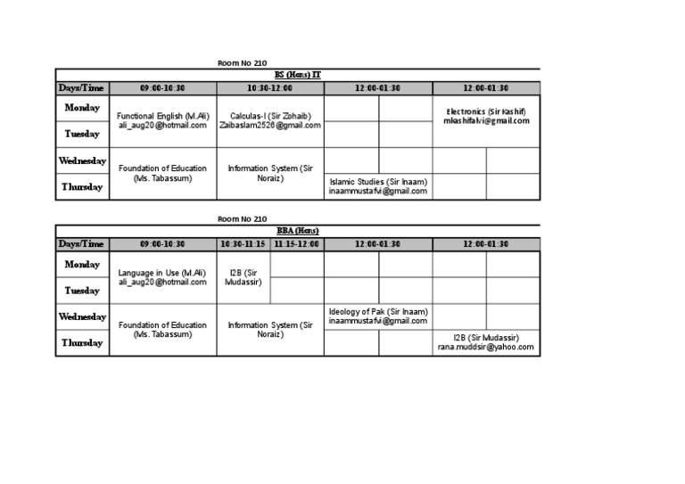 Room 210 Class Timetable | PDF