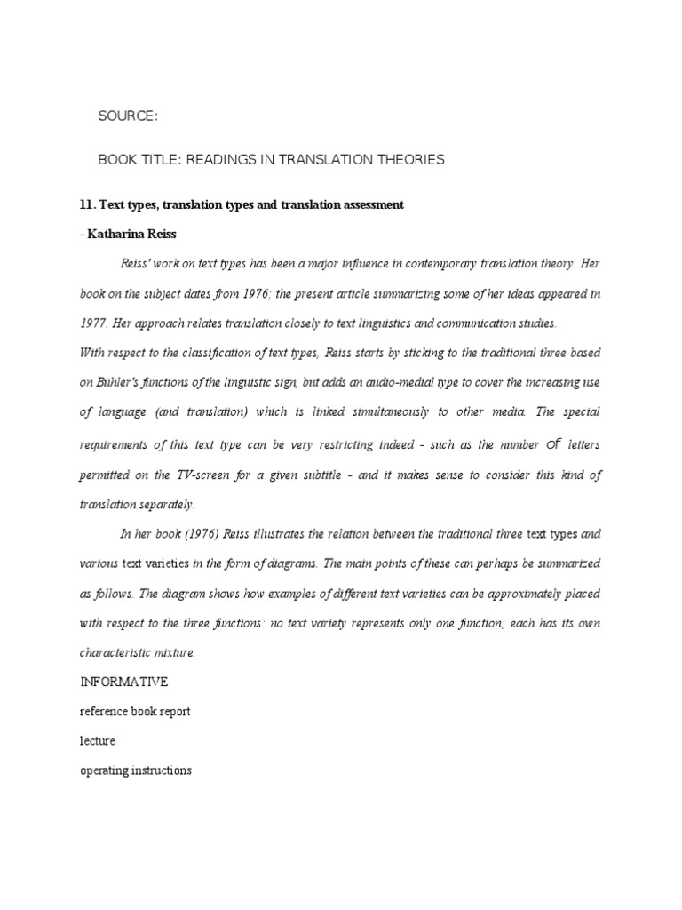11 Text Types Translation Types Readings in Translation Theories | PDF ...