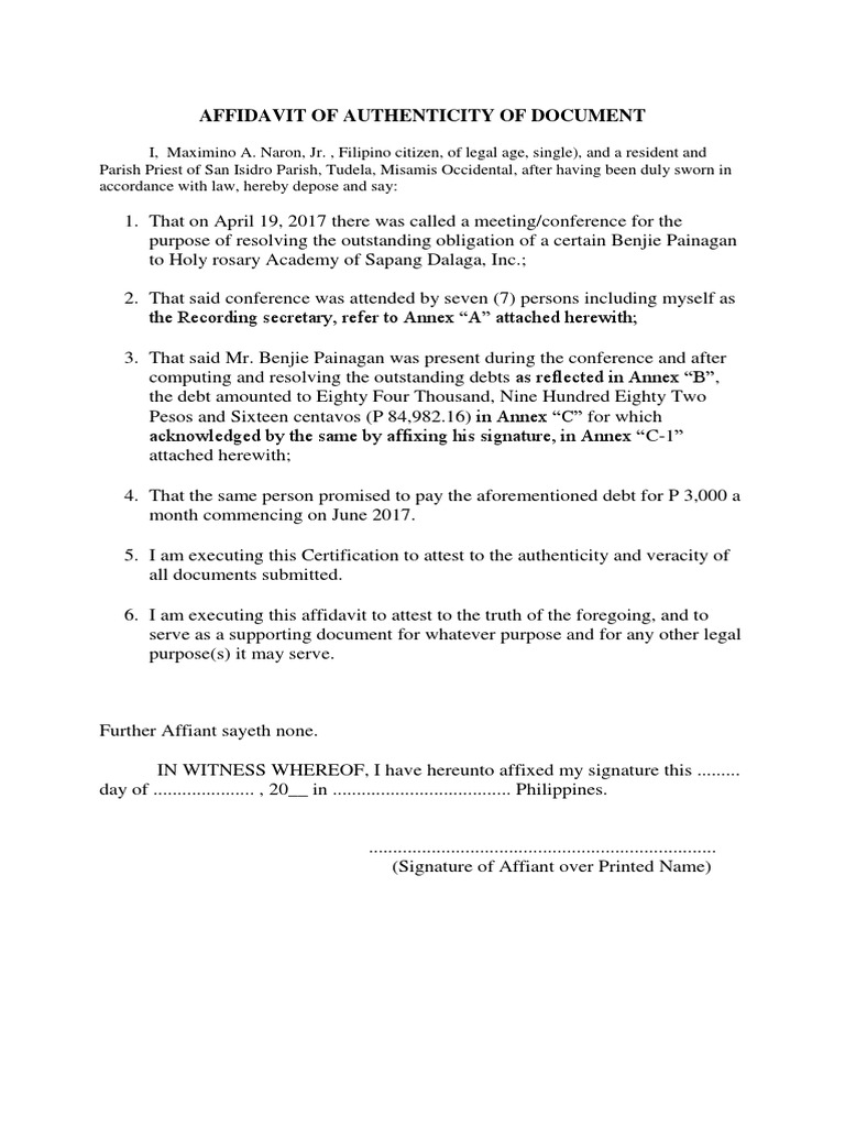 Affidavit of Authenticity of Document | PDF | Affidavit | Legal Procedure