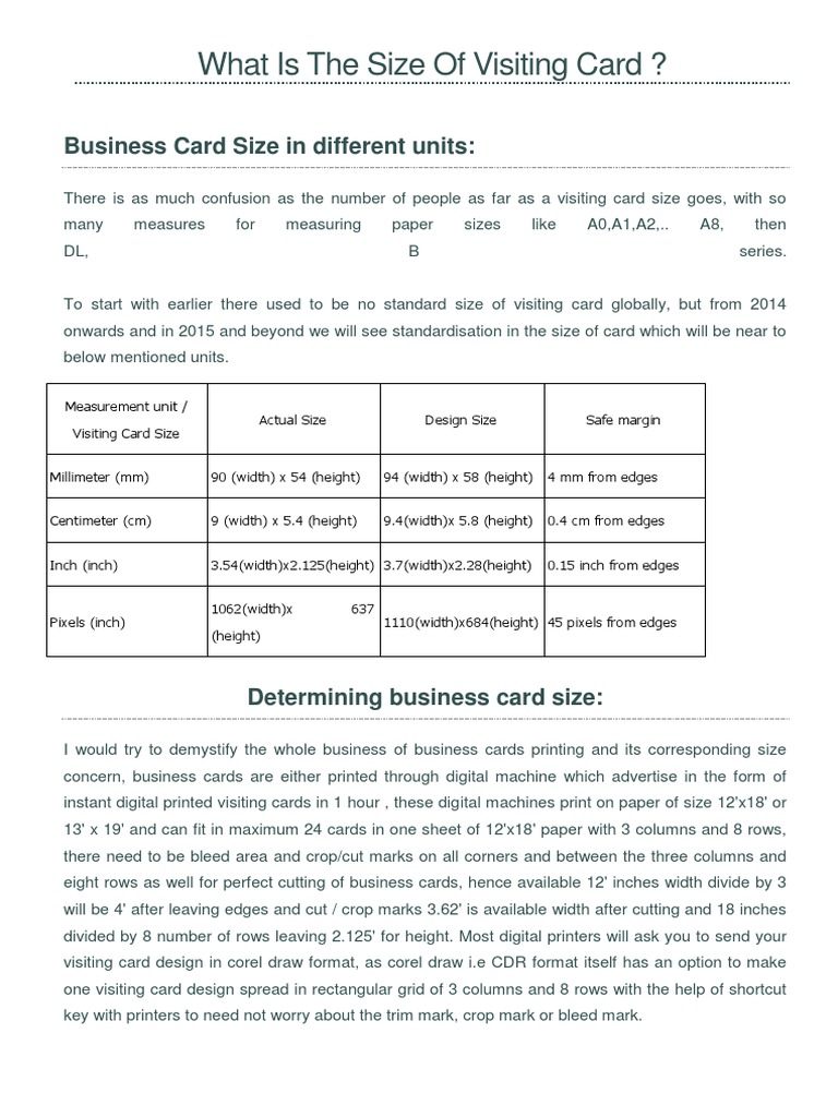 What Is The Size of Visiting Card | PDF | Paper | Printing